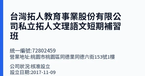 台灣拓人教育事業股份有限公司私立拓人文理語文短期補習班的照片-統編 72802459(桃園市) 公司登記資料與營業項目詳細圖表