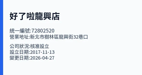好了啦龍興店的照片-統編 72802520(新北市) 公司登記資料與營業項目詳細圖表
