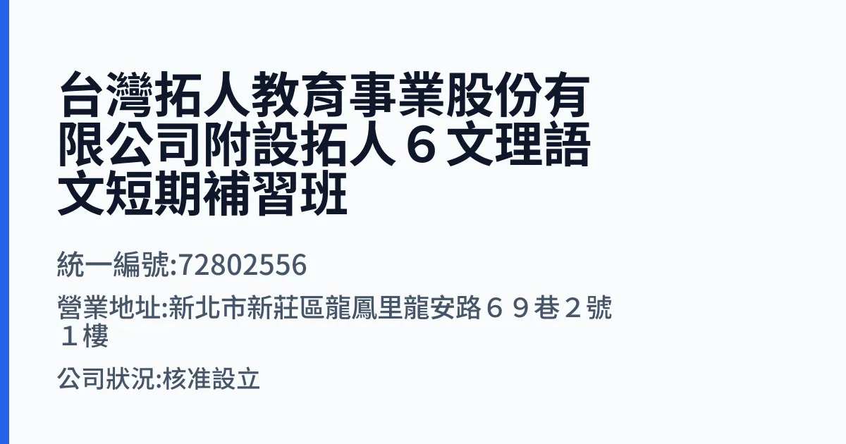 台灣拓人教育事業股份有限公司附設拓人６文理語文短期補習班 - 統編 72802556(新北市) 公司登記資料與營業項目詳細圖表