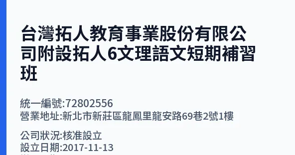 台灣拓人教育事業股份有限公司附設拓人6文理語文短期補習班的照片-統編 72802556(新北市) 公司登記資料與營業項目詳細圖表