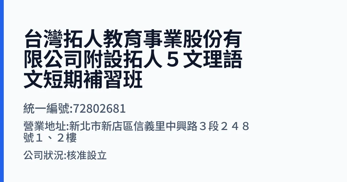 台灣拓人教育事業股份有限公司附設拓人５文理語文短期補習班 - 統編 72802681(新北市) 公司登記資料與營業項目詳細圖表