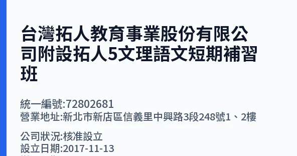 台灣拓人教育事業股份有限公司附設拓人5文理語文短期補習班的照片-統編 72802681(新北市) 公司登記資料與營業項目詳細圖表