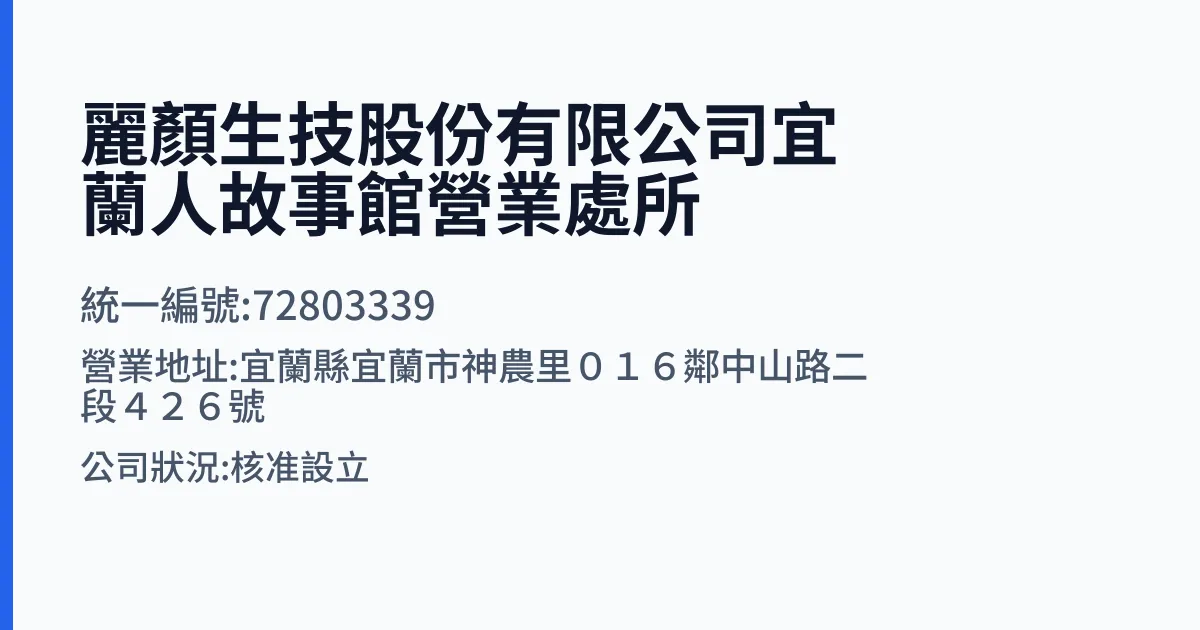 麗顏生技股份有限公司宜蘭人故事館營業處所 - 統編 72803339(宜蘭縣) 公司登記資料與營業項目詳細圖表