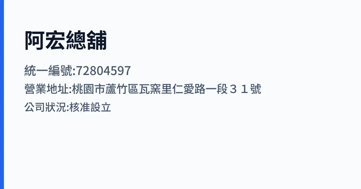 阿宏總舖 - 統編 72804597（桃園市） 公司登記資料與營業項目詳細圖表