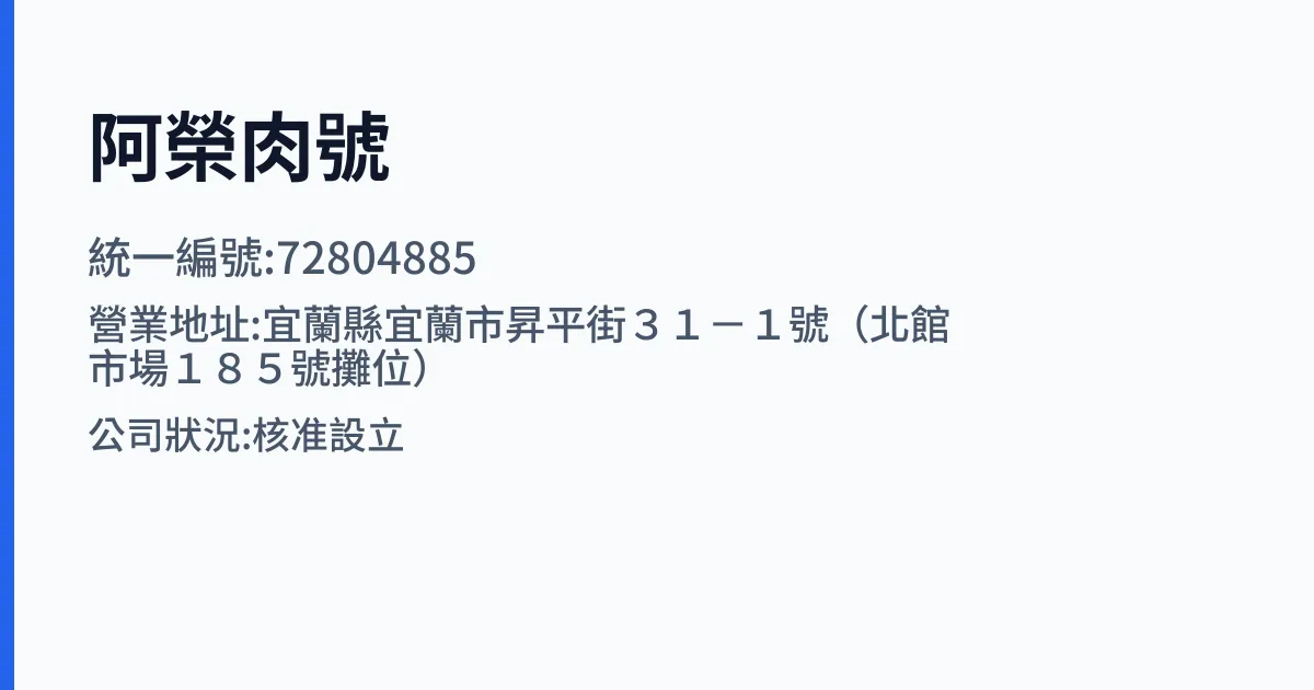 阿榮肉號 - 統編 72804885(宜蘭縣) 公司登記資料與營業項目詳細圖表