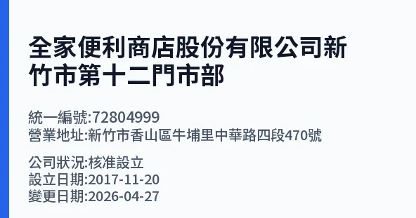 全家便利商店股份有限公司新竹市第十二門市部的照片-統編 72804999(新竹市) 公司登記資料與營業項目詳細圖表