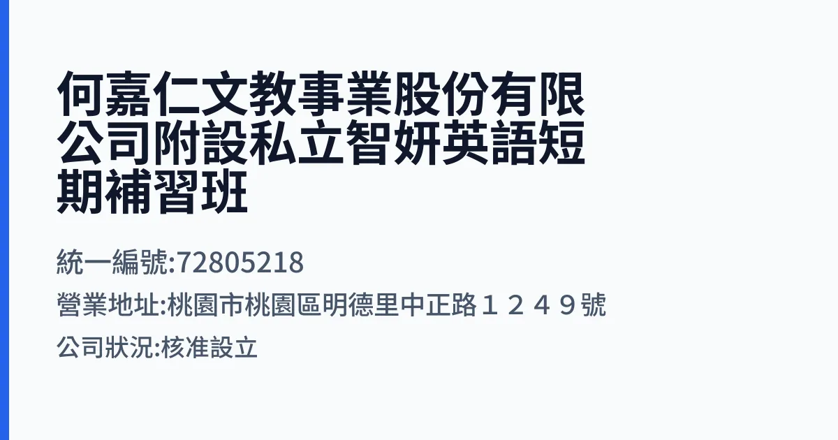 何嘉仁文教事業股份有限公司附設私立智妍英語短期補習班 - 統編 72805218(桃園市) 公司登記資料與營業項目詳細圖表