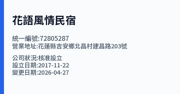 花語風情民宿的照片-統編 72805287(花蓮縣) 公司登記資料與營業項目詳細圖表