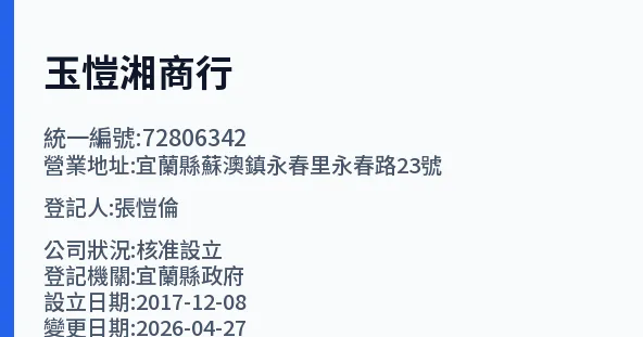 玉愷湘商行的照片-統編 72806342(宜蘭縣) 公司登記資料與營業項目詳細圖表