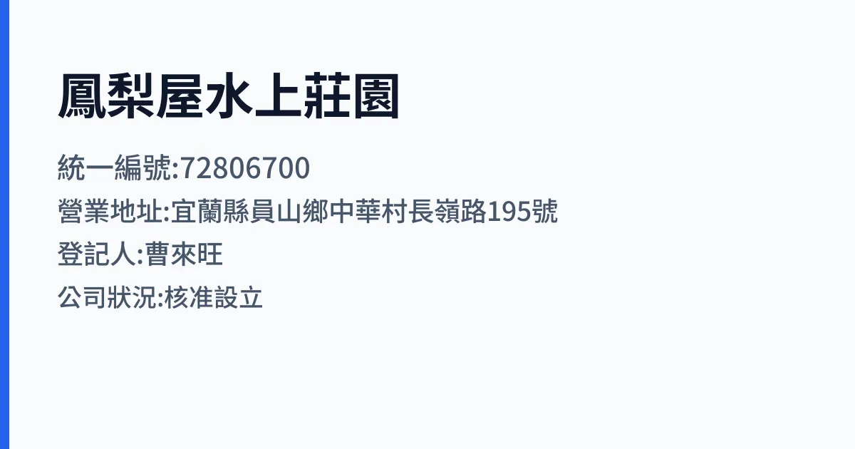 鳳梨屋水上莊園 - 統編 72806700(宜蘭縣) 公司登記資料與營業項目詳細圖表