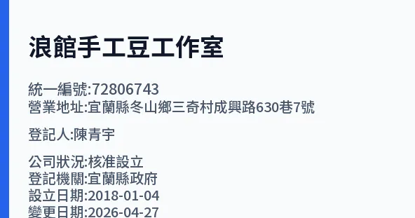 浪館手工豆工作室的照片-統編 72806743(宜蘭縣) 公司登記資料與營業項目詳細圖表