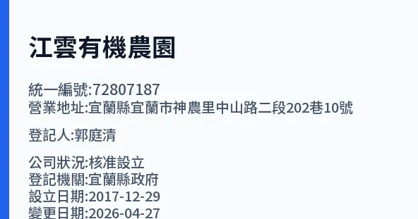 江雲有機農園的照片-統編 72807187(宜蘭縣) 公司登記資料與營業項目詳細圖表