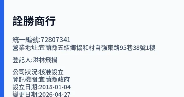 詮勝商行的照片-統編 72807341(宜蘭縣) 公司登記資料與營業項目詳細圖表