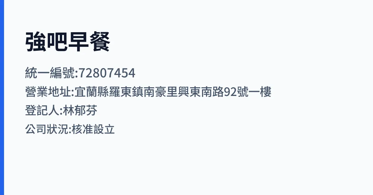 強吧早餐 - 統編 72807454（宜蘭縣） 公司登記資料與營業項目詳細圖表