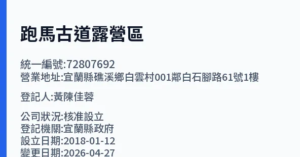 跑馬古道露營區的照片-統編 72807692(宜蘭縣) 公司登記資料與營業項目詳細圖表