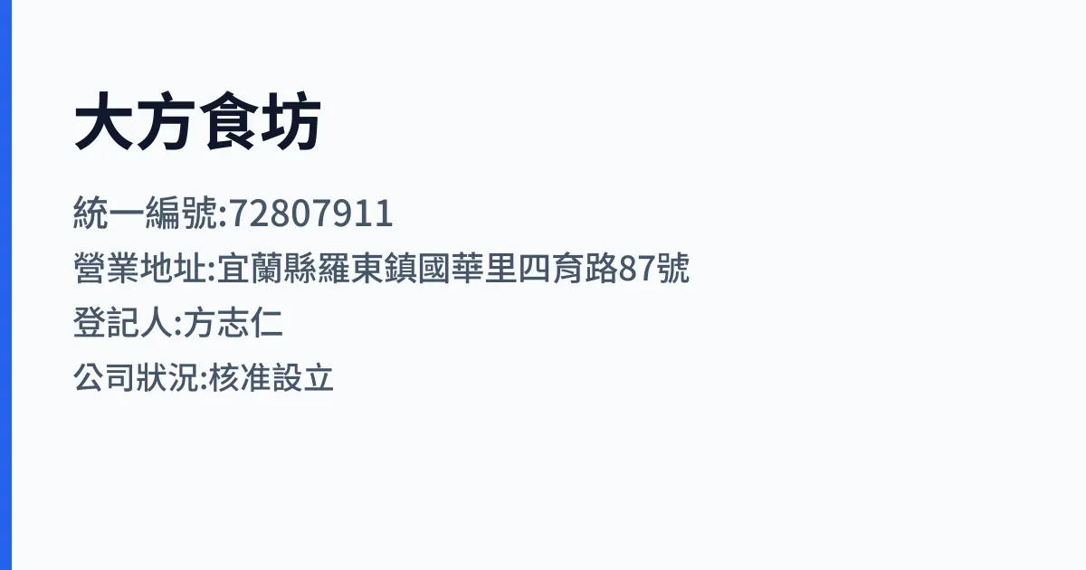 大方食坊 - 統編 72807911(宜蘭縣) 公司登記資料與營業項目詳細圖表