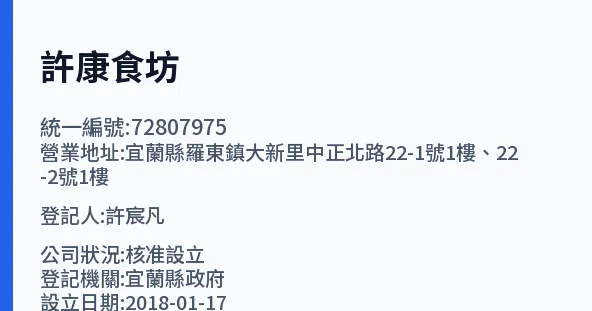 許康食坊的照片-統編 72807975(宜蘭縣) 公司登記資料與營業項目詳細圖表