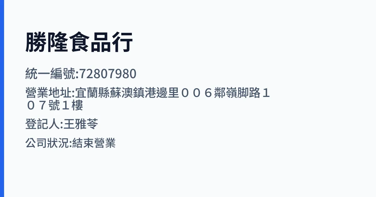 勝隆食品行 - 統編 72807980(宜蘭縣) 公司登記資料與營業項目詳細圖表
