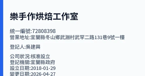樂手作烘焙工作室的照片-統編 72808398(宜蘭縣) 公司登記資料與營業項目詳細圖表