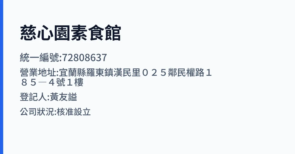 慈心園素食館 - 統編 72808637(宜蘭縣) 公司登記資料與營業項目詳細圖表