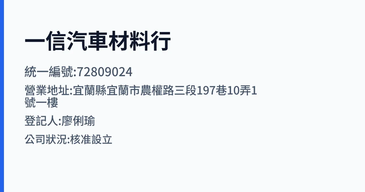 一信汽車材料行 - 統編 72809024(宜蘭縣) 公司登記資料與營業項目詳細圖表