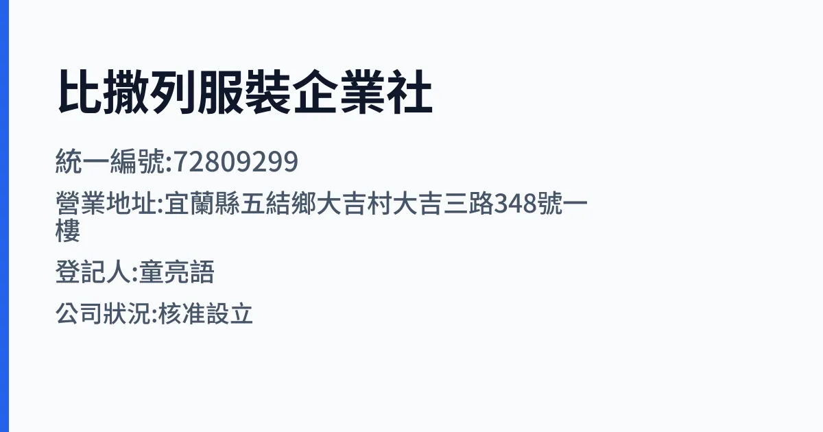 比撒列服裝企業社 - 統編 72809299(宜蘭縣) 公司登記資料與營業項目詳細圖表