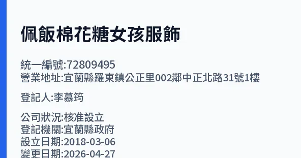 佩飯棉花糖女孩服飾的照片-統編 72809495(宜蘭縣) 公司登記資料與營業項目詳細圖表