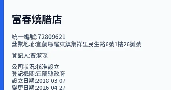 富春燒腊店的照片-統編 72809621(宜蘭縣) 公司登記資料與營業項目詳細圖表