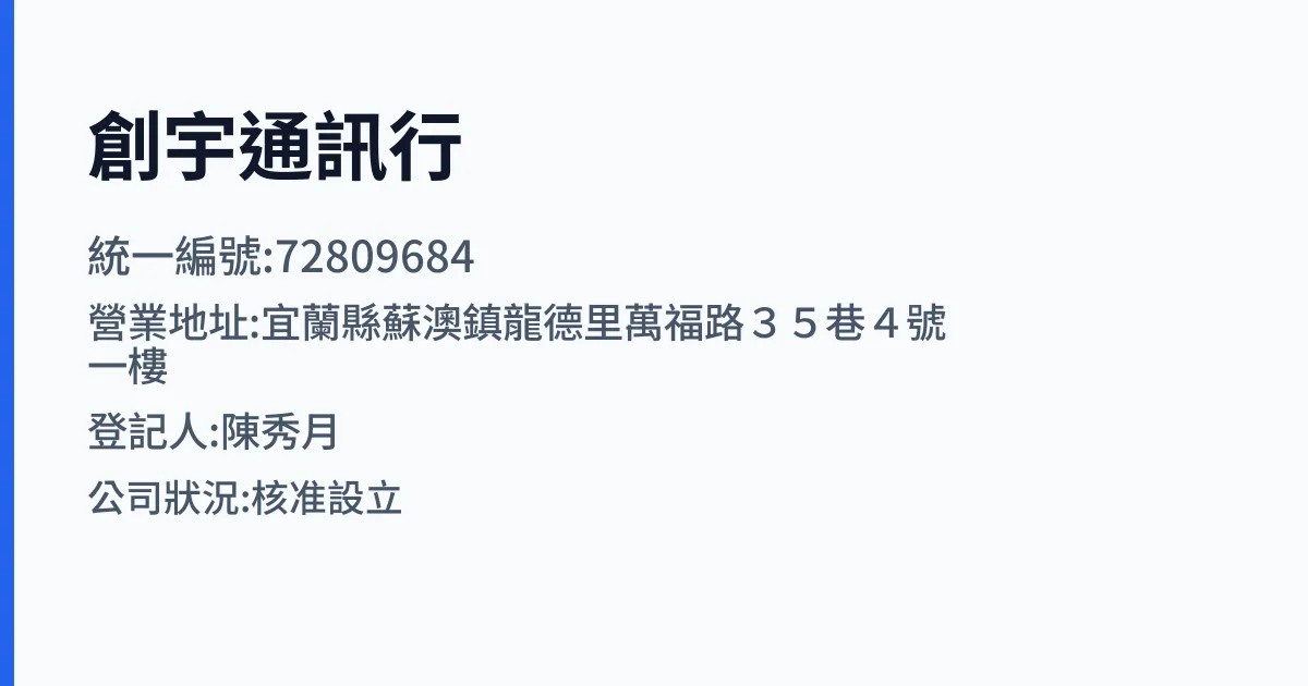 創宇通訊行 - 統編 72809684(宜蘭縣) 公司登記資料與營業項目詳細圖表
