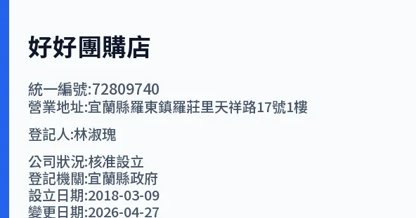 好好團購店的照片-統編 72809740(宜蘭縣) 公司登記資料與營業項目詳細圖表
