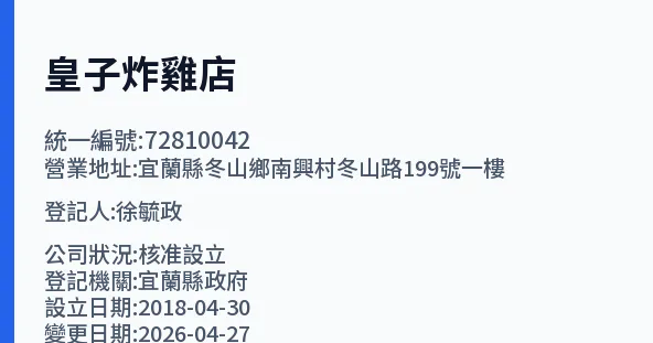 皇子炸雞店的照片-統編 72810042(宜蘭縣) 公司登記資料與營業項目詳細圖表