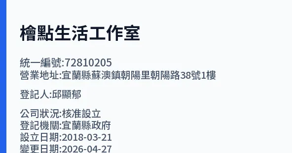 檜點生活工作室的照片-統編 72810205(宜蘭縣) 公司登記資料與營業項目詳細圖表