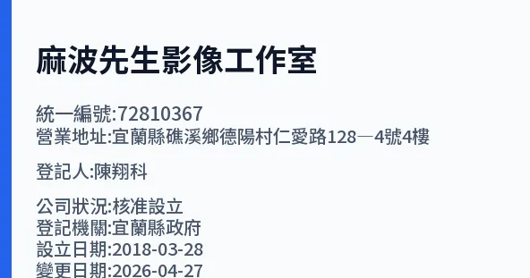 麻波先生影像工作室的照片-統編 72810367(宜蘭縣) 公司登記資料與營業項目詳細圖表