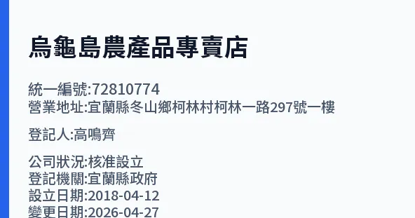 烏龜島農產品專賣店的照片-統編 72810774(宜蘭縣) 公司登記資料與營業項目詳細圖表