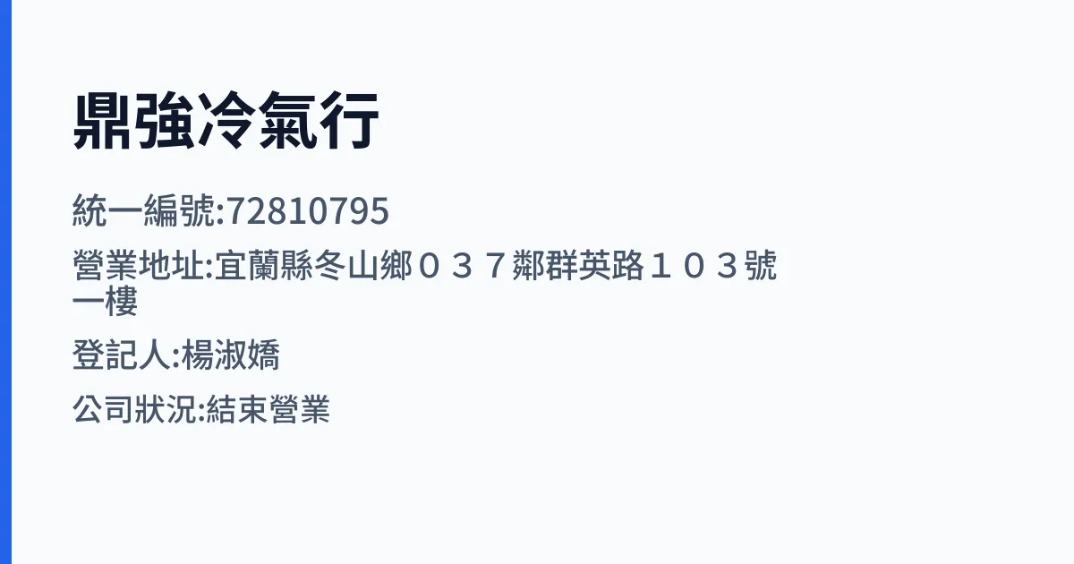 鼎強冷氣行 - 統編 72810795(宜蘭縣) 公司登記資料與營業項目詳細圖表