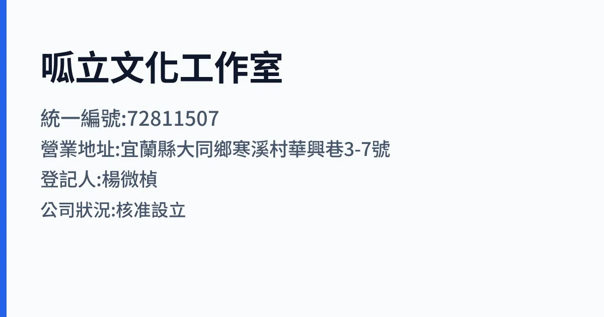 呱立文化工作室 - 統編 72811507(宜蘭縣) 公司登記資料與營業項目詳細圖表