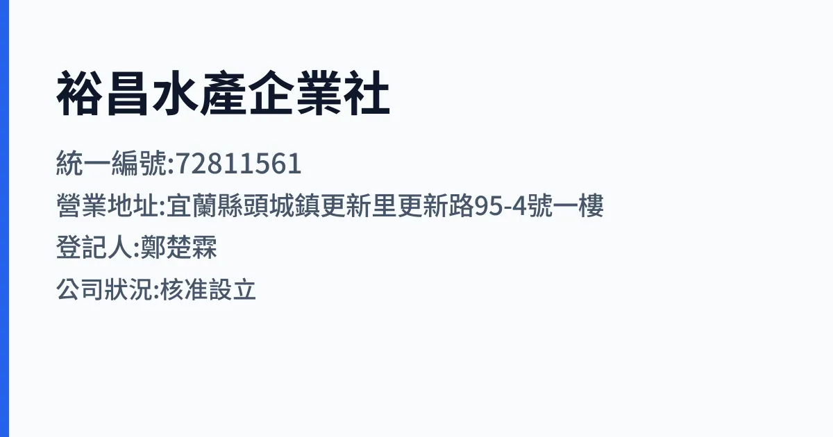 裕昌水產企業社 - 統編 72811561(宜蘭縣) 公司登記資料與營業項目詳細圖表