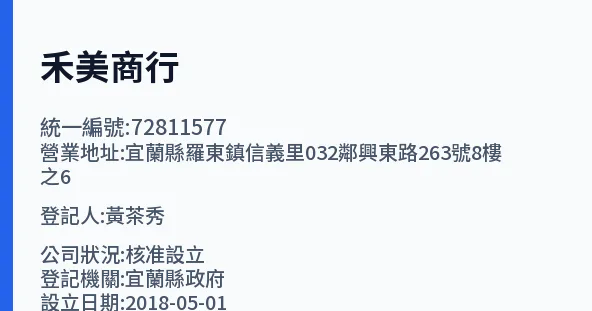 禾美商行的照片-統編 72811577(宜蘭縣) 公司登記資料與營業項目詳細圖表