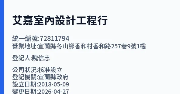 艾嘉室內設計工程行的照片-統編 72811794(宜蘭縣) 公司登記資料與營業項目詳細圖表