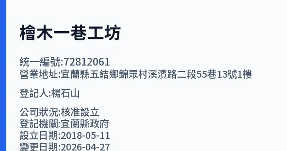 檜木一巷工坊的照片-統編 72812061(宜蘭縣) 公司登記資料與營業項目詳細圖表
