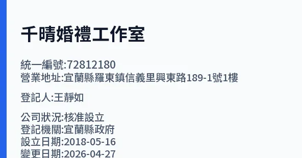千晴婚禮工作室的照片-統編 72812180(宜蘭縣) 公司登記資料與營業項目詳細圖表