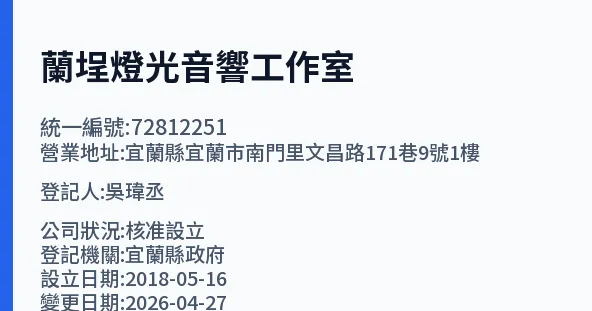 蘭埕燈光音響工作室的照片-統編 72812251(宜蘭縣) 公司登記資料與營業項目詳細圖表