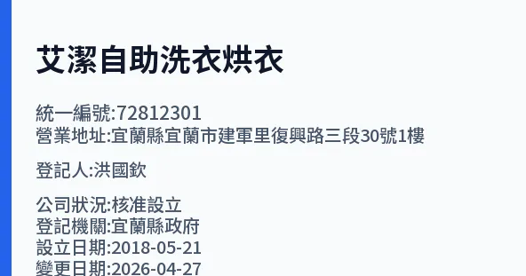 艾潔自助洗衣烘衣的照片-統編 72812301(宜蘭縣) 公司登記資料與營業項目詳細圖表