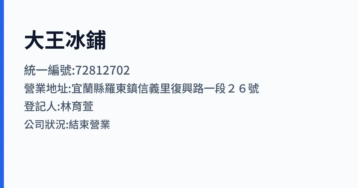 大王冰鋪 - 統編 72812702(宜蘭縣) 公司登記資料與營業項目詳細圖表
