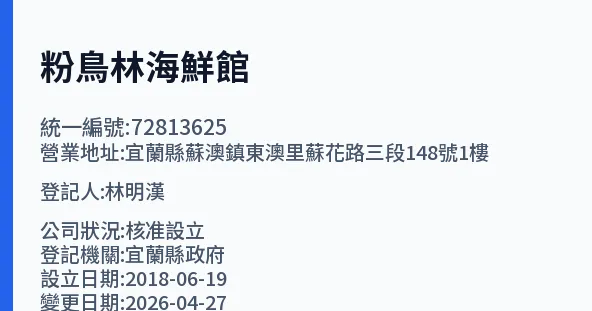 粉鳥林海鮮館的照片-統編 72813625(宜蘭縣) 公司登記資料與營業項目詳細圖表