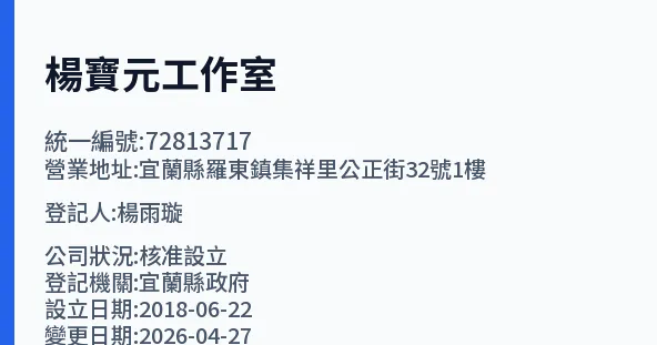 楊寶元工作室的照片-統編 72813717(宜蘭縣) 公司登記資料與營業項目詳細圖表