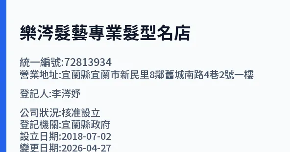 樂涔髮藝專業髮型名店的照片-統編 72813934(宜蘭縣) 公司登記資料與營業項目詳細圖表