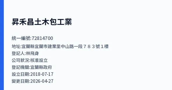 昇禾昌土木包工業的照片-統編 72814700(宜蘭縣) 公司登記資料與營業項目詳細圖表