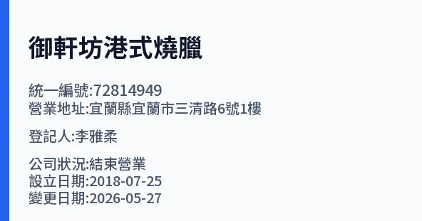 御軒坊港式燒臘的照片-統編 72814949(宜蘭縣) 公司登記資料與營業項目詳細圖表