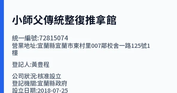 小師父傳統整復推拿館的照片-統編 72815074(宜蘭縣) 公司登記資料與營業項目詳細圖表